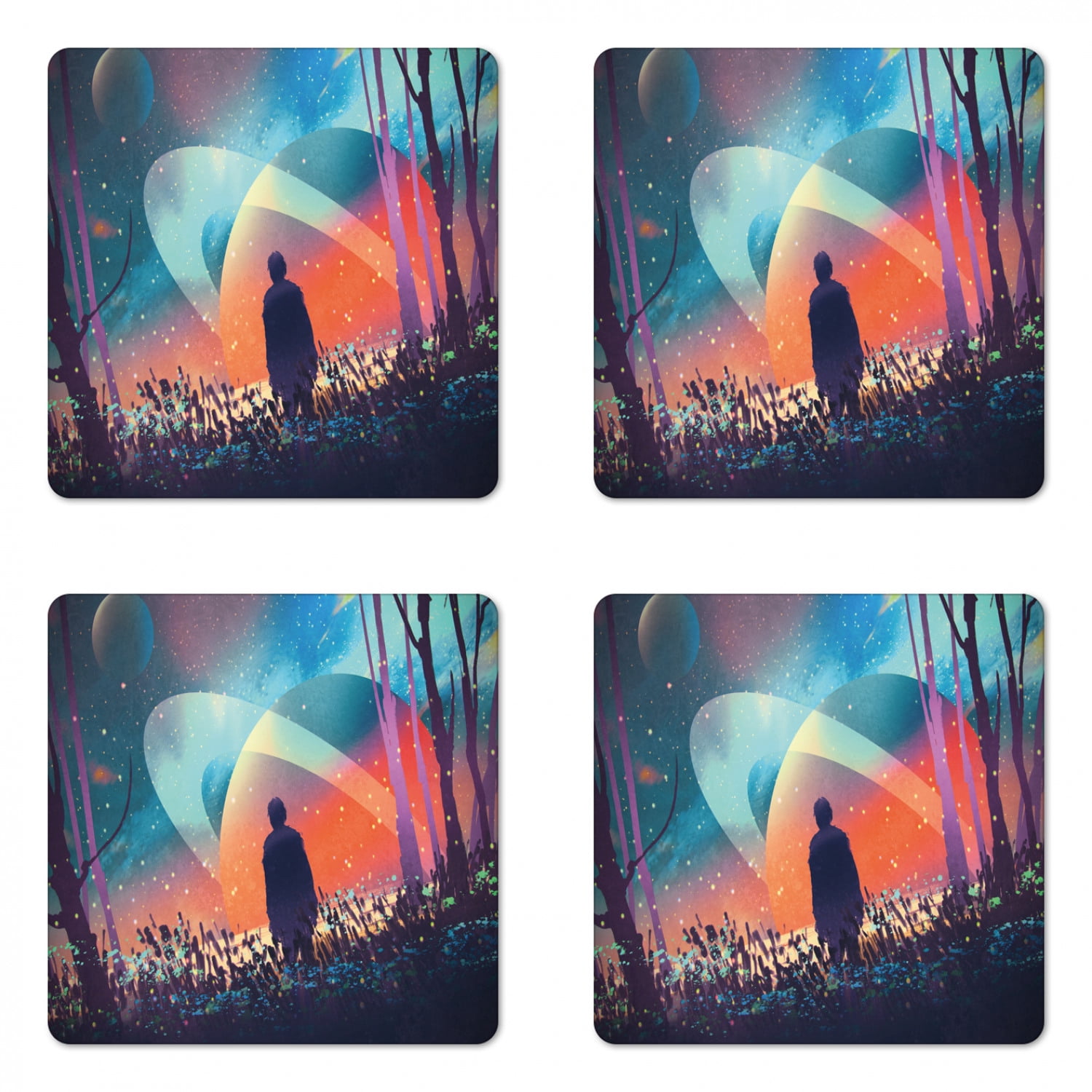 Fantasy Coaster Set of 4, Man Alone Under Vibrant Colored Reflections ...