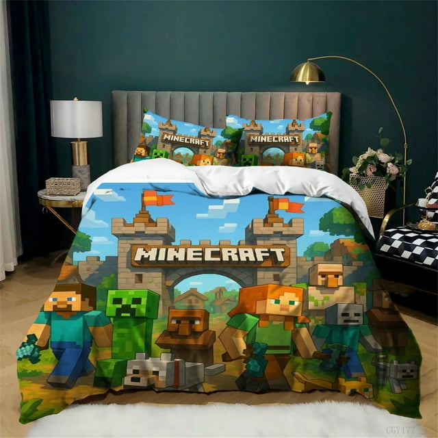 Game Minecraft Bedding Set 3 Pieces Soft and Breathable Duvet Cover Set for Teen All Season ...