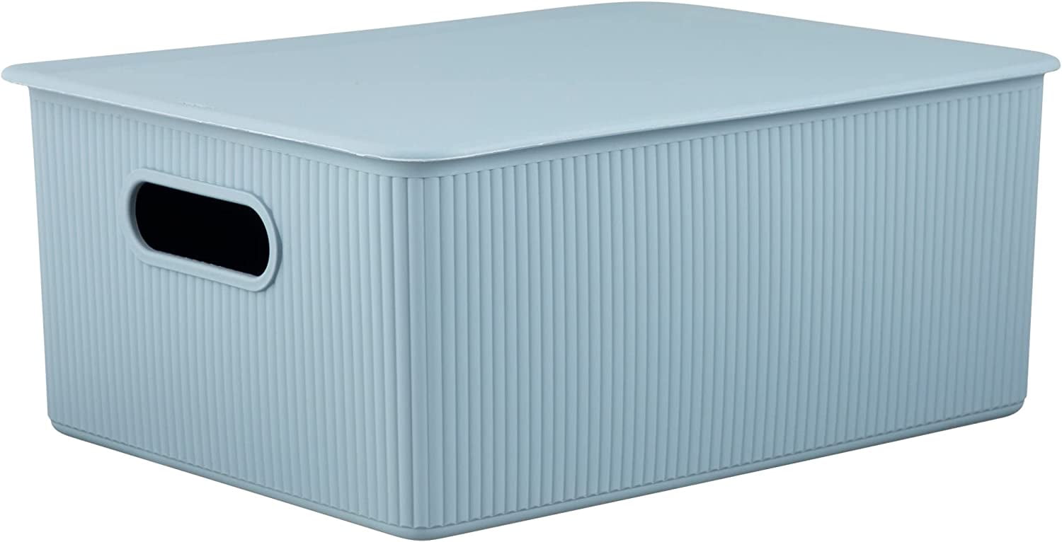 Superio 15L Medium Stone Blue Ribbed Storage Bin with Lid, Plastic ...