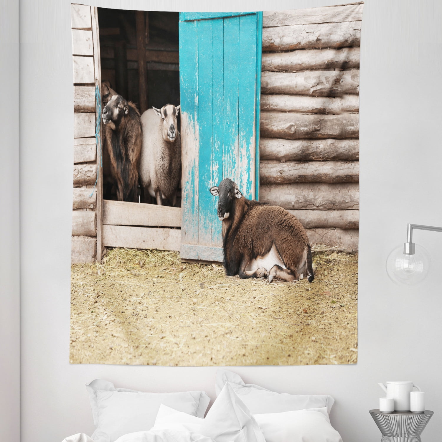 Farm Animal Tapestry, Agriculture Photo with Sheep in Rustic Wooden ...