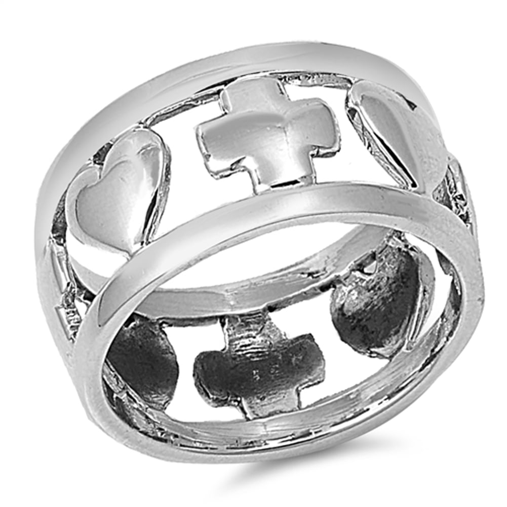 Eternity Oxidized Cross Heart Purity Ring .925 Sterling Silver Band ...