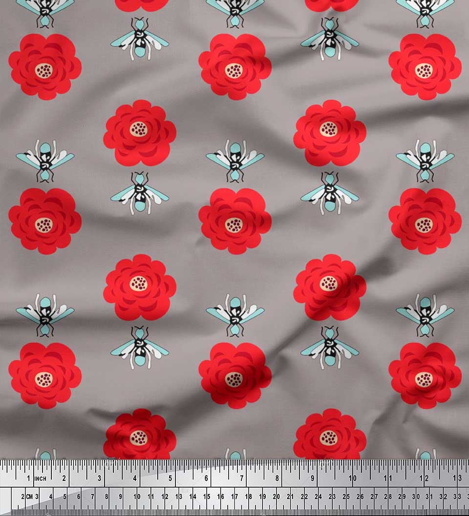 Soimoi Crepe Silk Fabric Floral & Bee Insects Print Fabric by The Yard ...