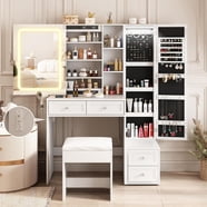 Makeup Vanity Desk Set, Gray Compact Mini Corner Vanity with Hidden ...