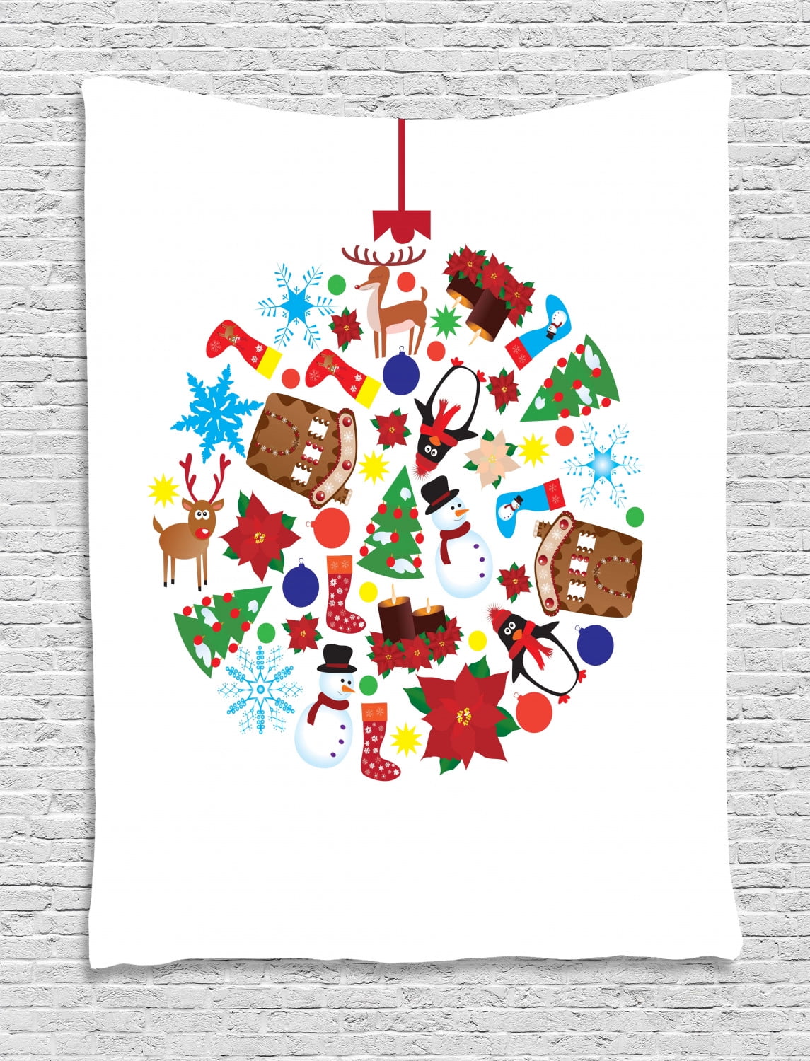Christmas Tapestry, Traditional Noel Symbols Theme with Pine Tree ...