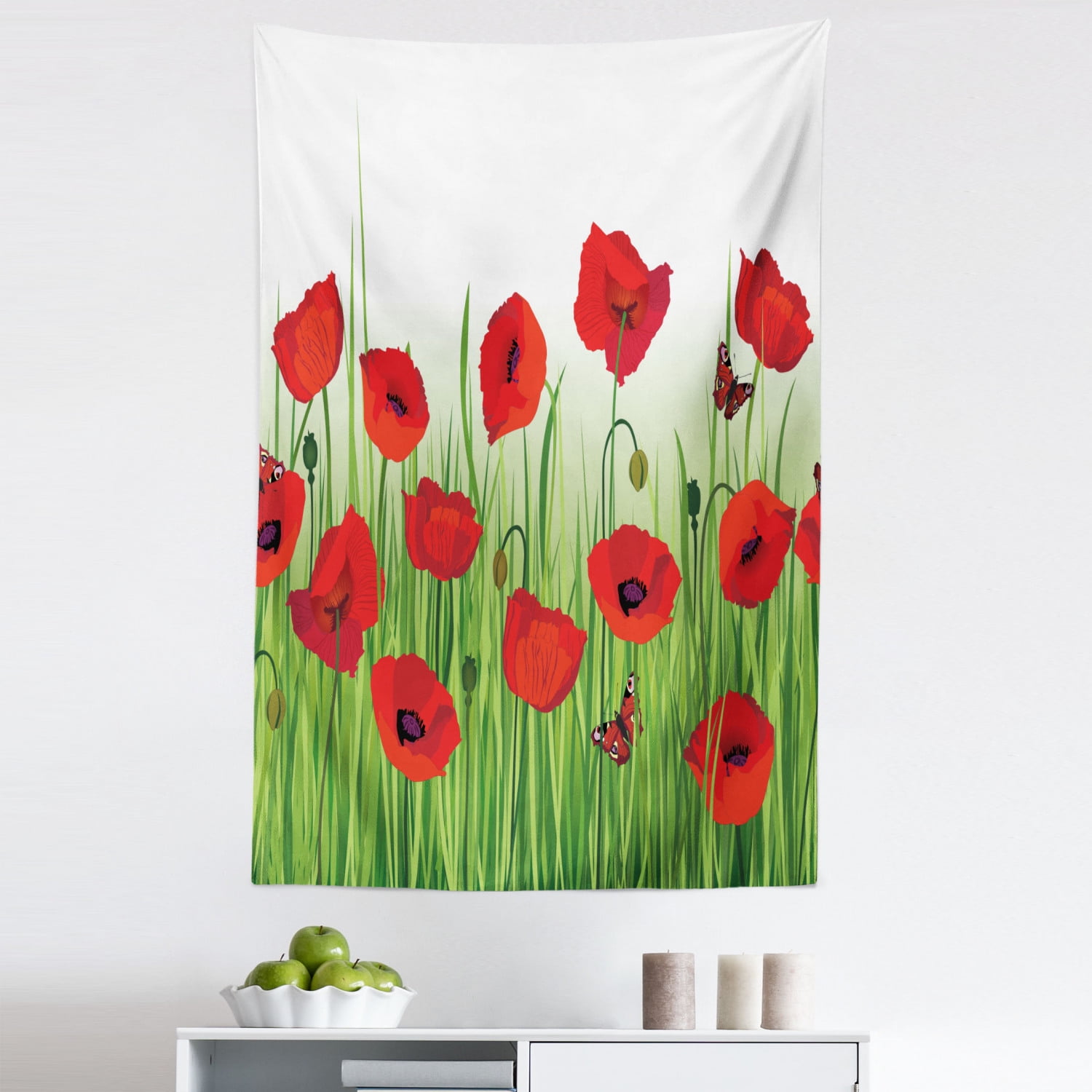 Poppy Flower Tapestry, Grass Flowers Butterfly Floral Arrangement ...