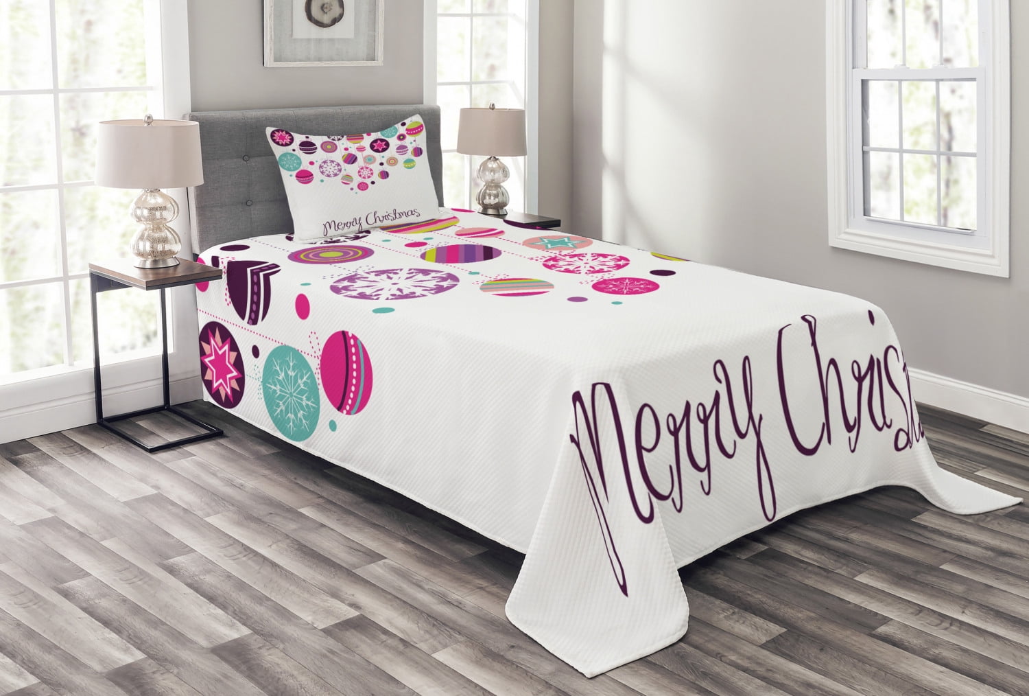 Christmas Bedspread Set Twin Size, Colorful Graphic Baubles with Retro ...