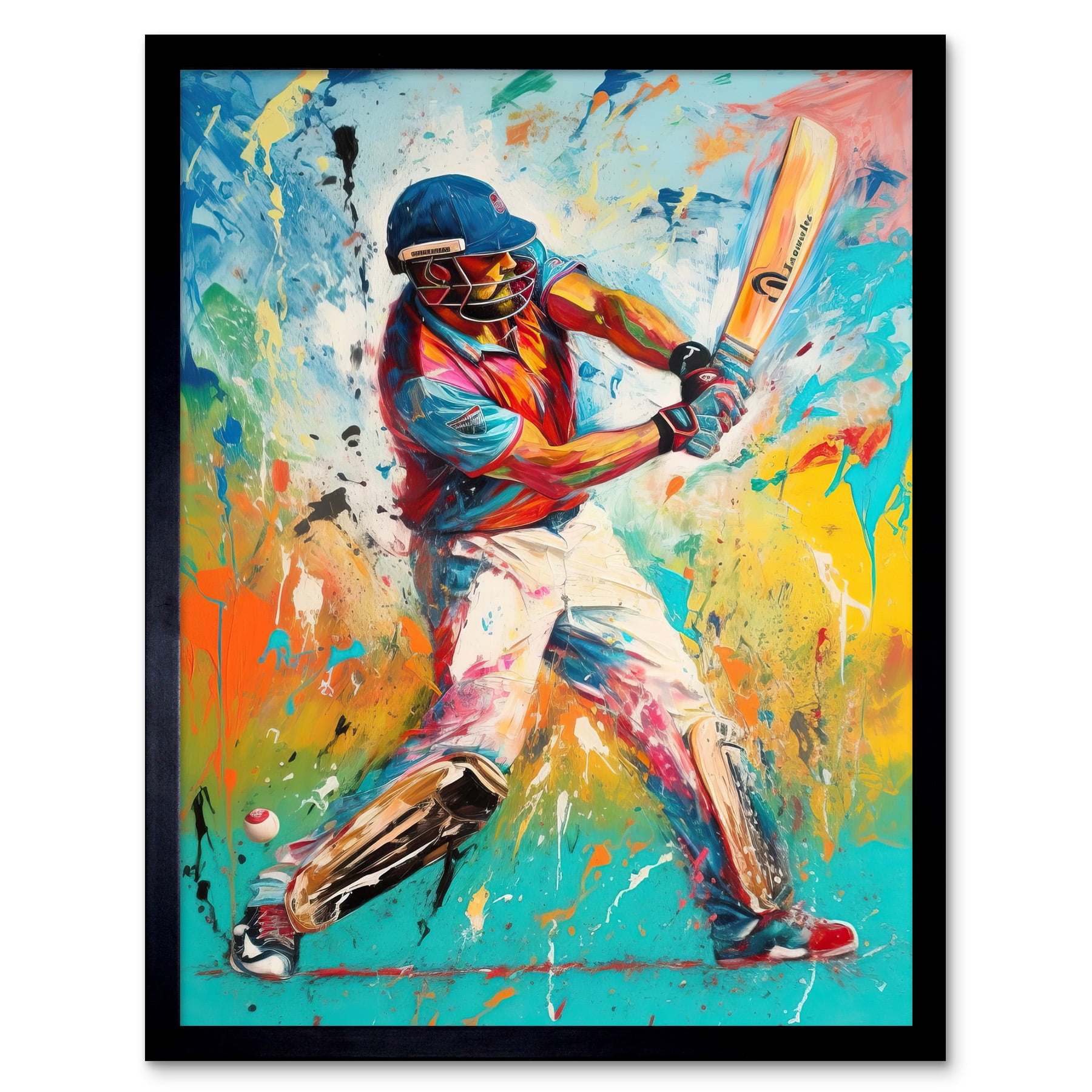 Cricket Shot Vibrant Cricketer Batsman Portrait Art Print Framed Poster ...