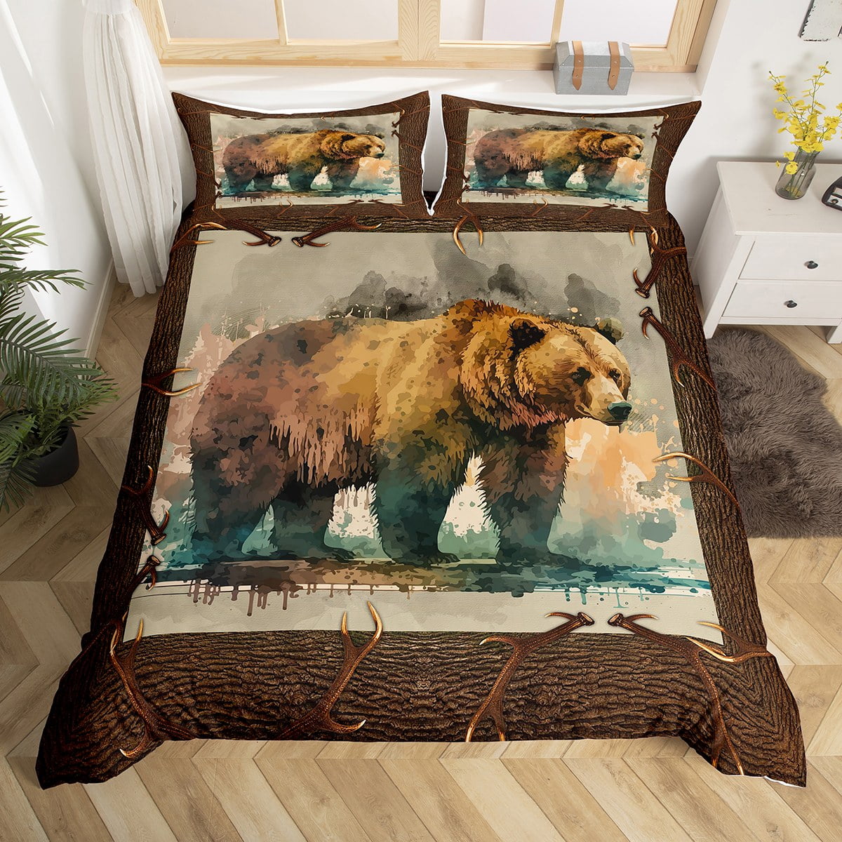 YST Brown Bear Bed Set Woodland Safari Animal Duvet Cover, Watercolor ...