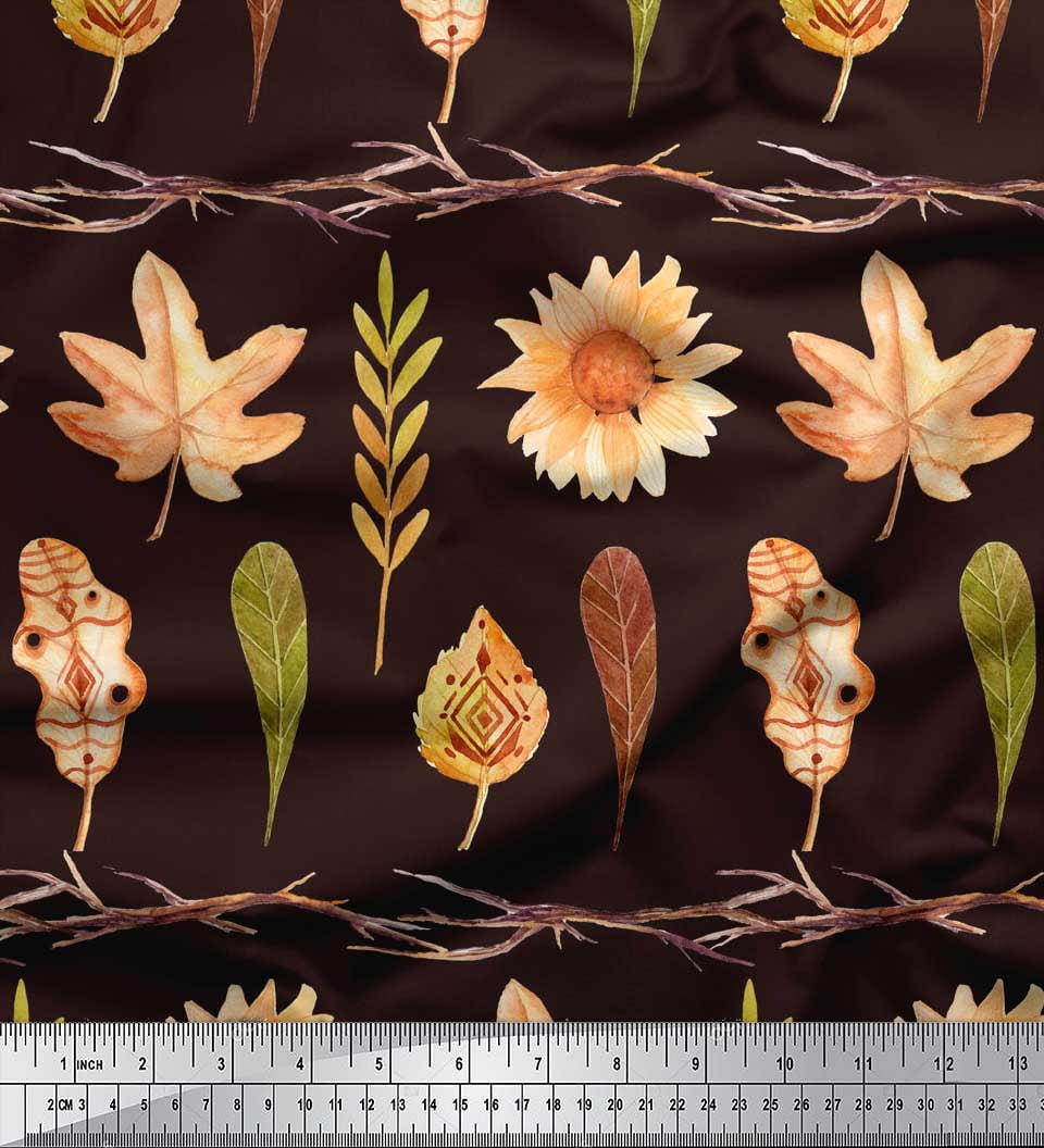 Soimoi Brown Cotton Duck Fabric Sunflower & Autumn Leaves Print Fabric by Yard 42 Inch Wide ...
