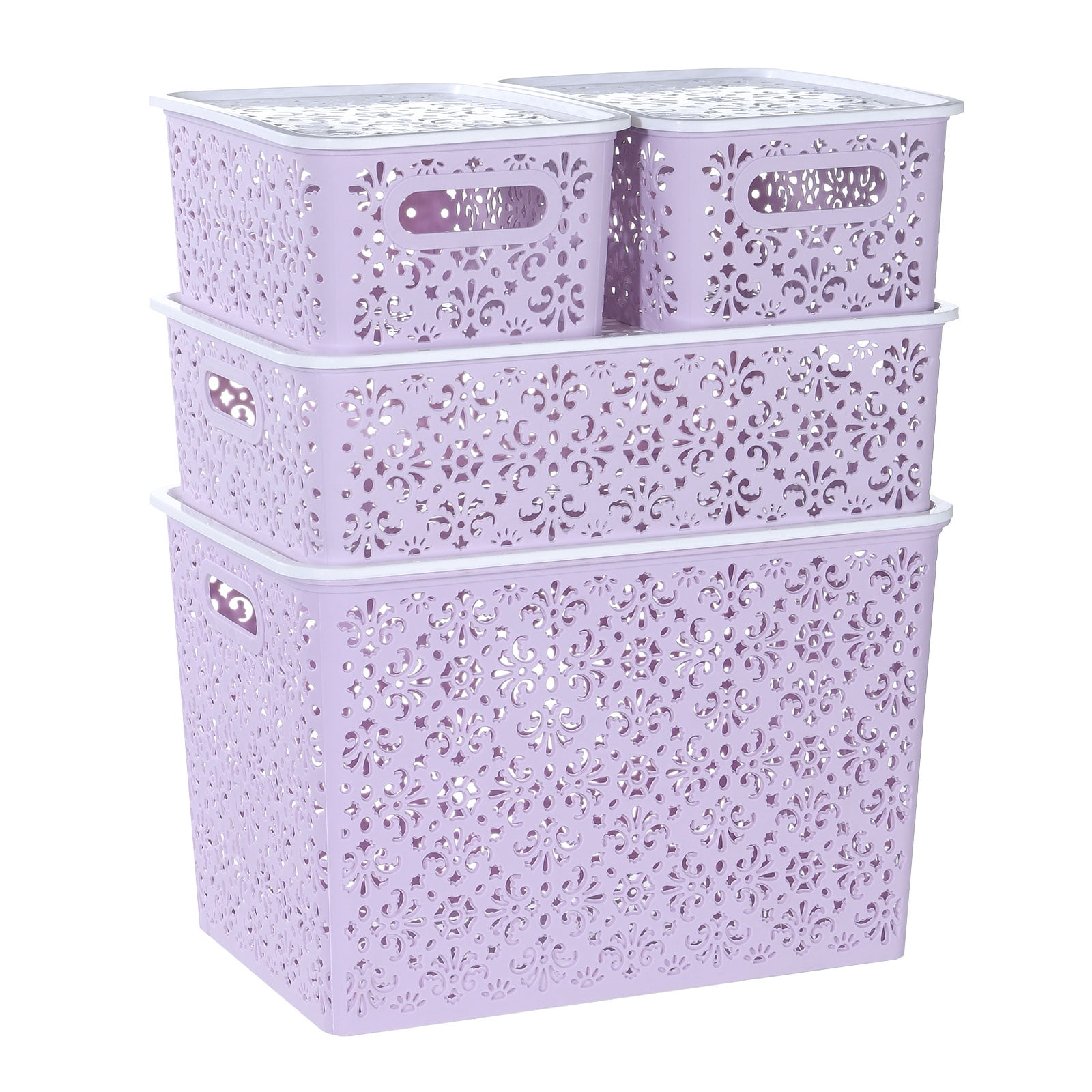 Set of 4 Stackable Lace-Design Storage Bins Plastic Home Organizer ...