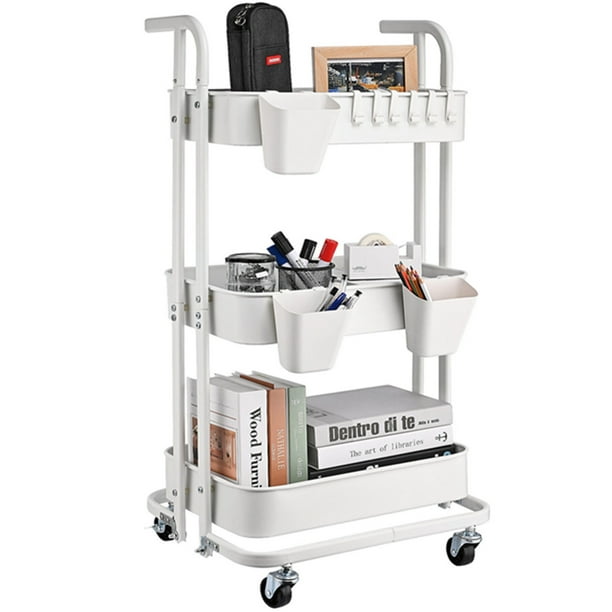 3-Tier Folding Metal Rolling Utility Cart, Multifunction Trolley Cart ...