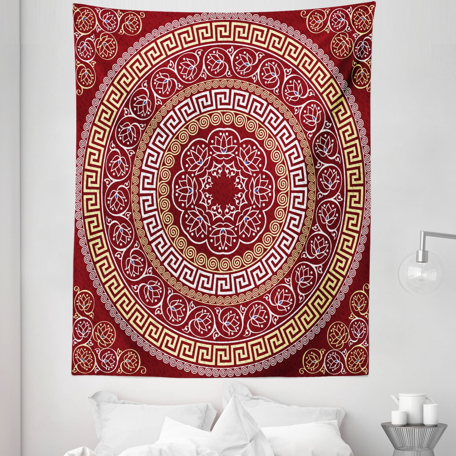 Greek Key Tapestry, Round and Square Ornament Meander with Floral ...