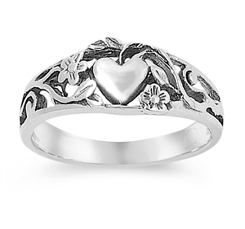 Heart Floral Flower Leaf Filigree Ring .925 Sterling Silver Band ...