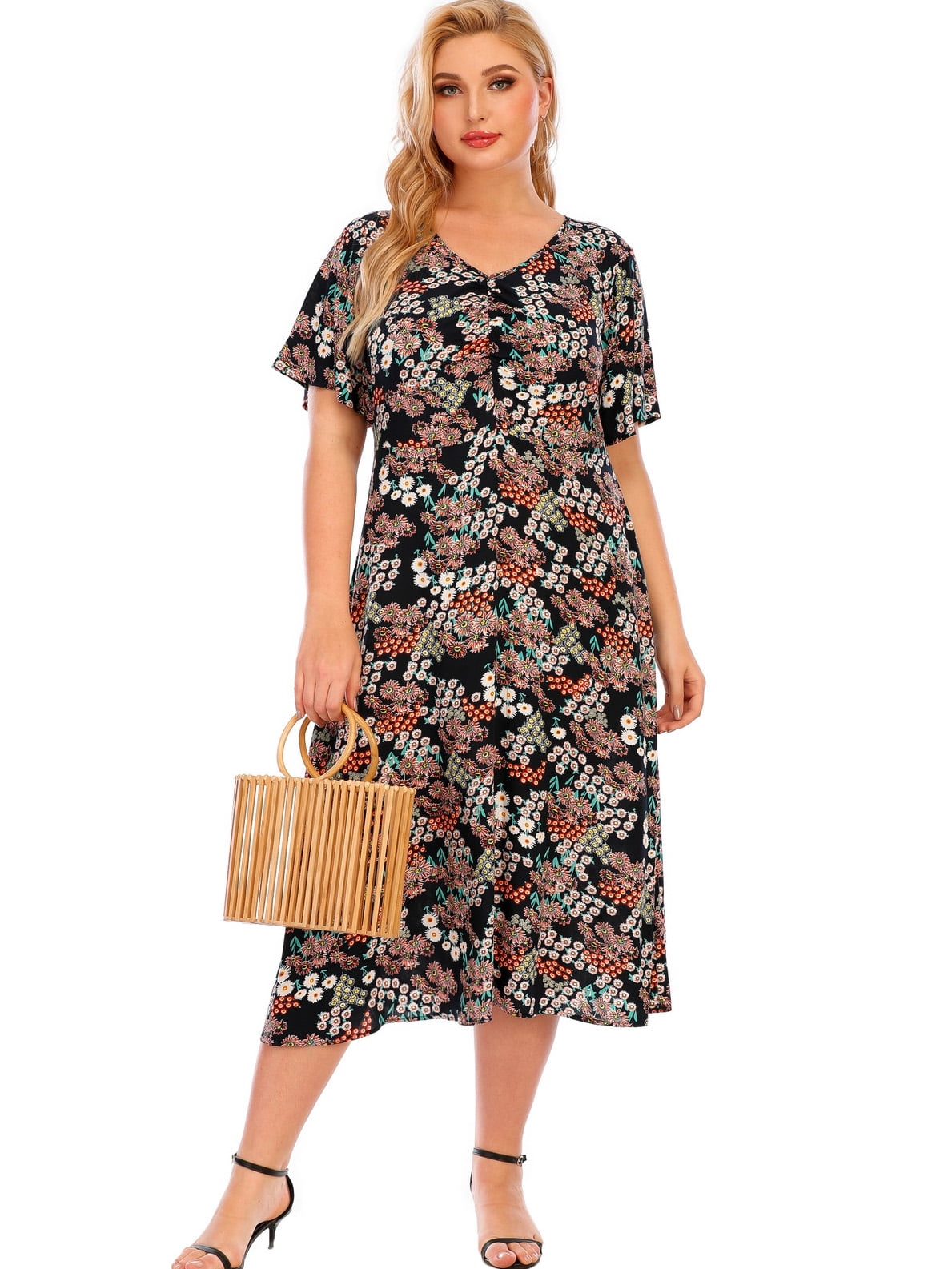 Hotian Women Plus Size V Neck Casual Dress High Waist Floral Midi