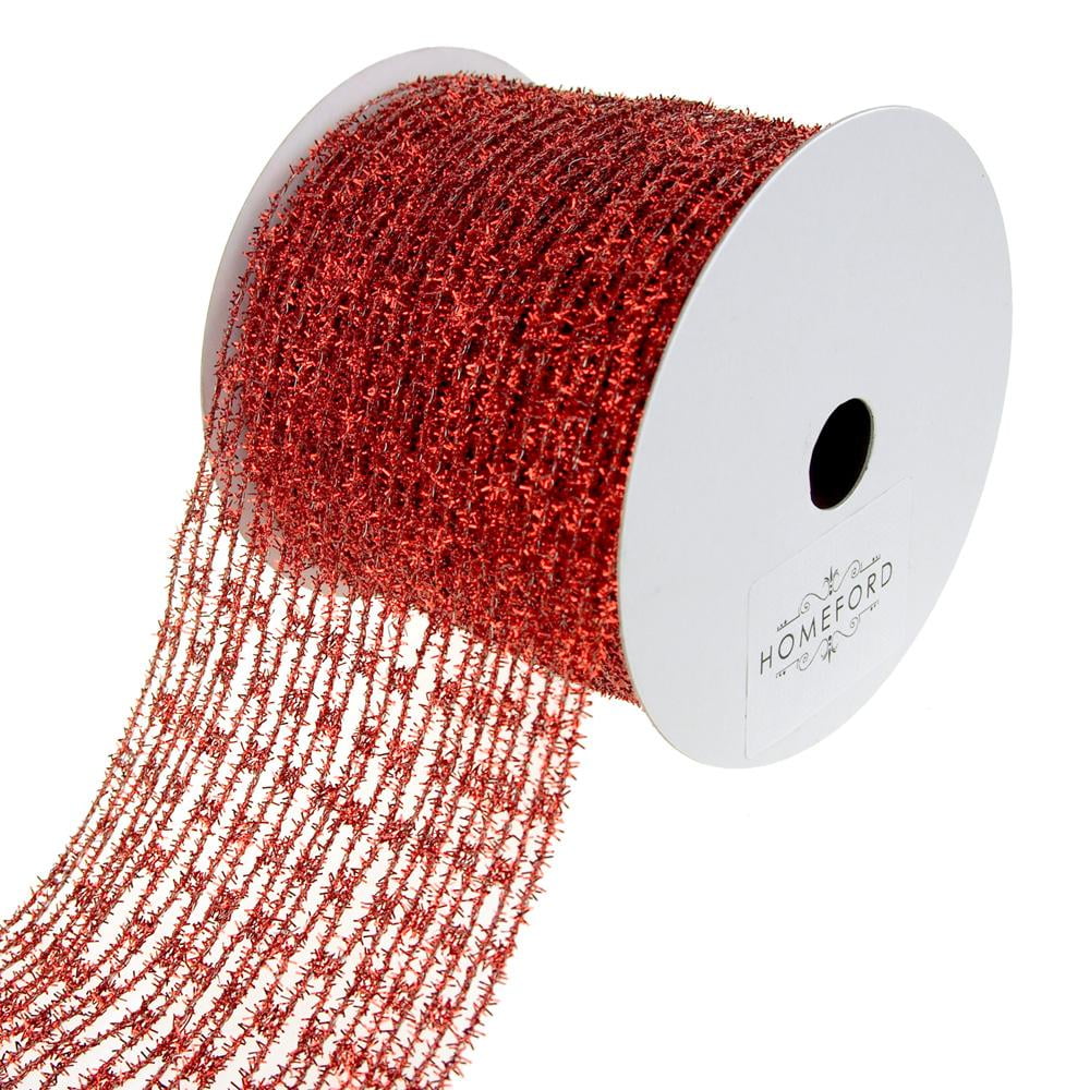 Metallic Tinsel Wired Diamond Netting Mesh Christmas Ribbon, Red, 4 ...