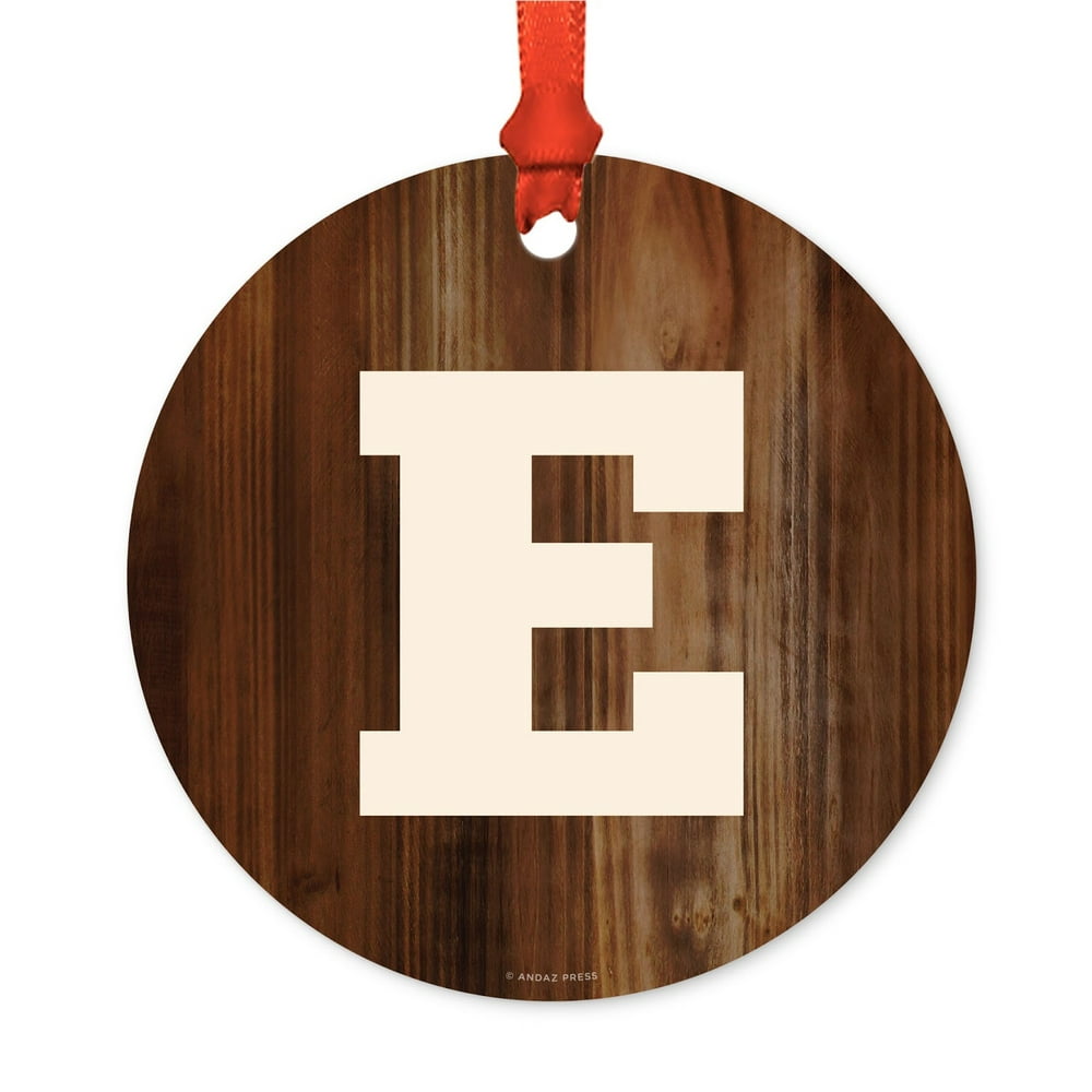 Metal Christmas Ornament, Monogram Letter E, Rustic Wood, Includes ...