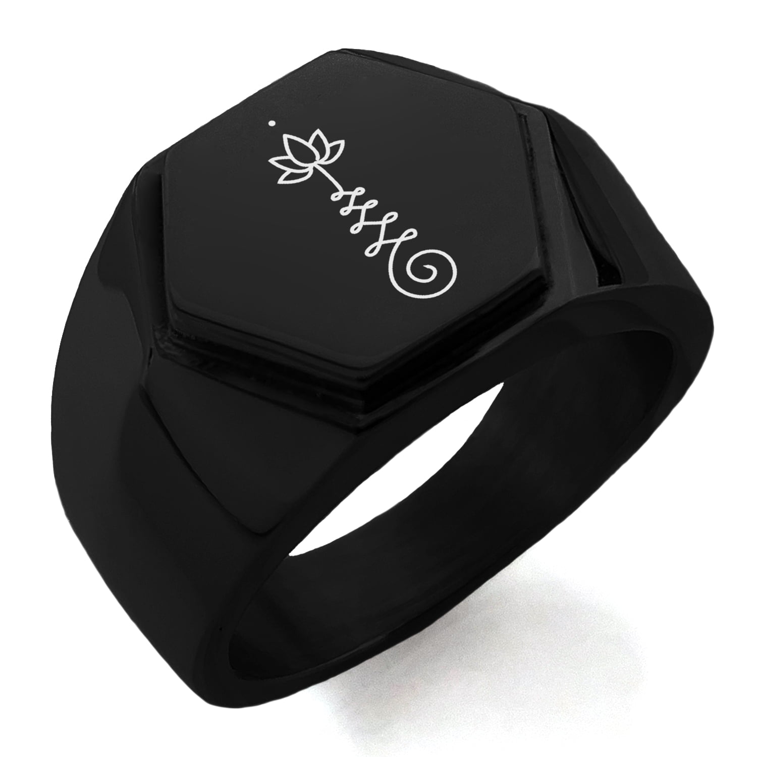 Stainless Steel Sacred Lotus Unalome Engraved Hexagon Crest Flat Top ...