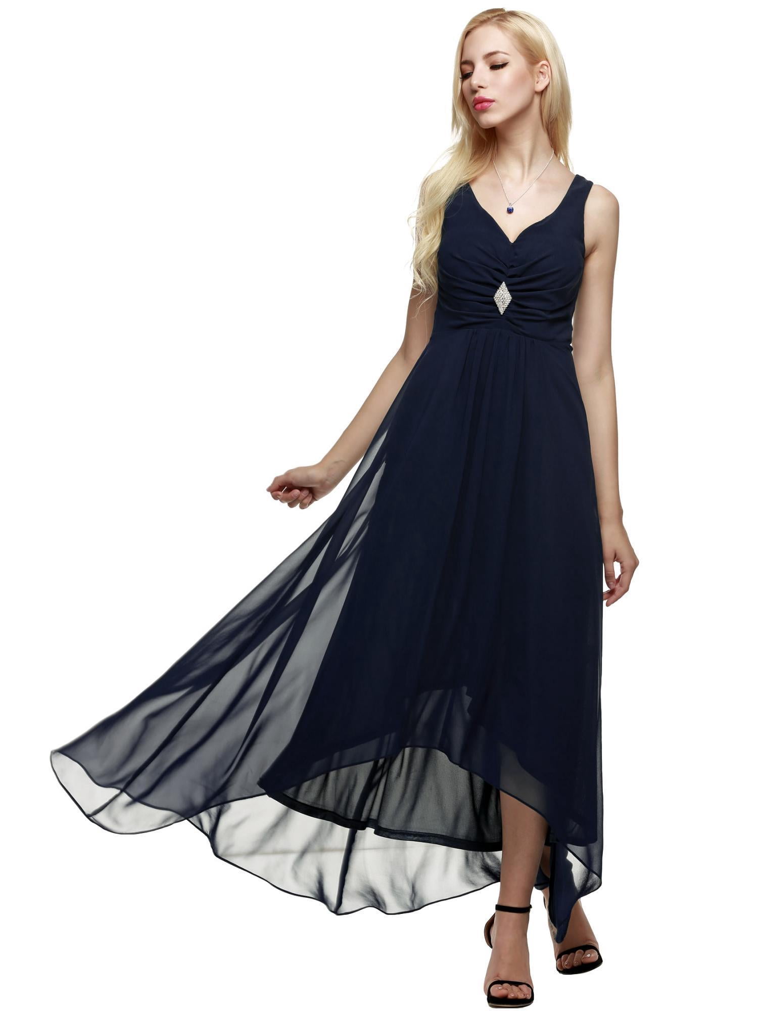 Women Sleeveless Ruched Chiffon Maxi Cocktail Party Evening Fromal Gown ...