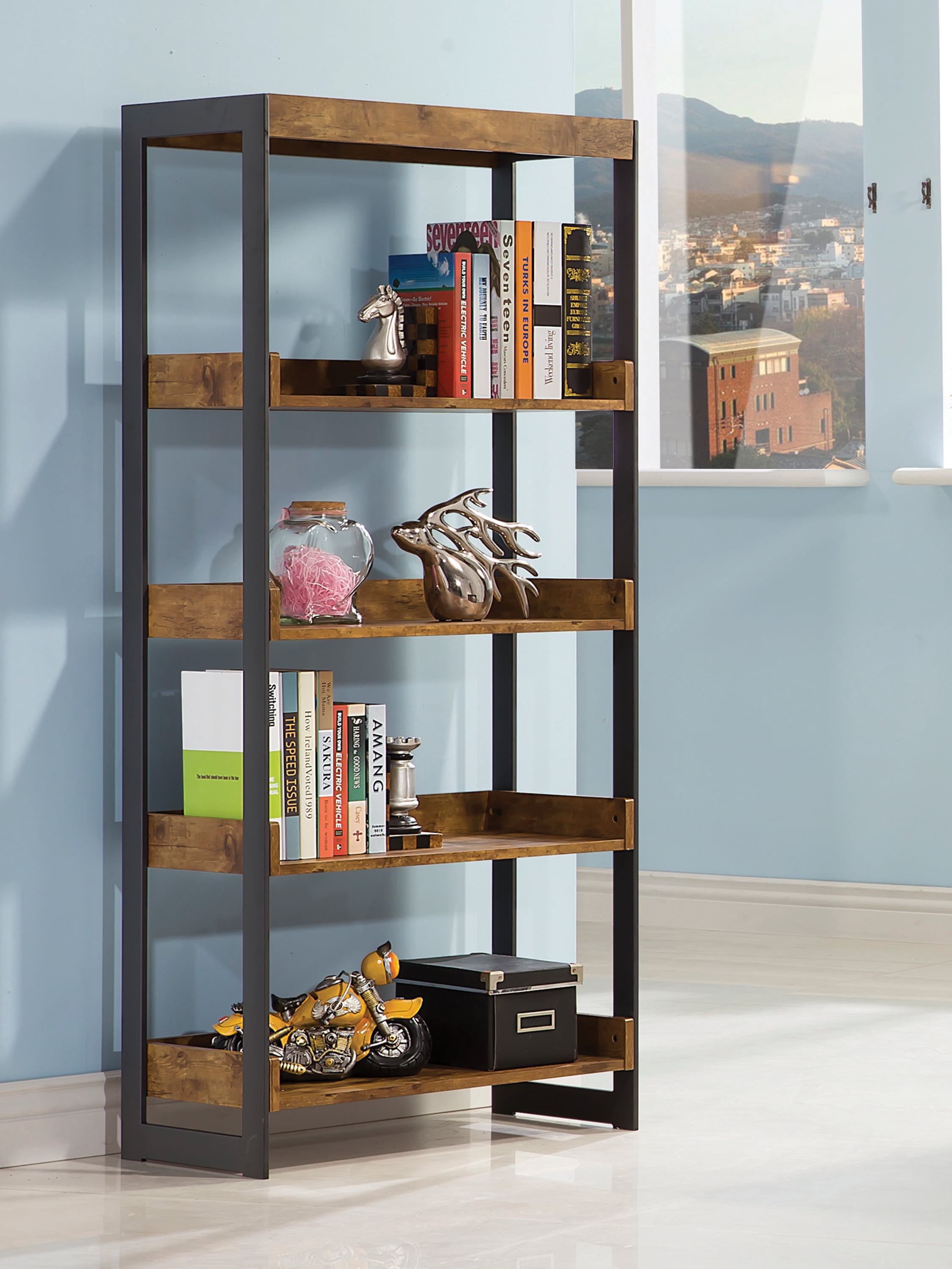 Estrella 4-shelf Bookcase Antique Nutmeg and Gunmetal - Walmart.com