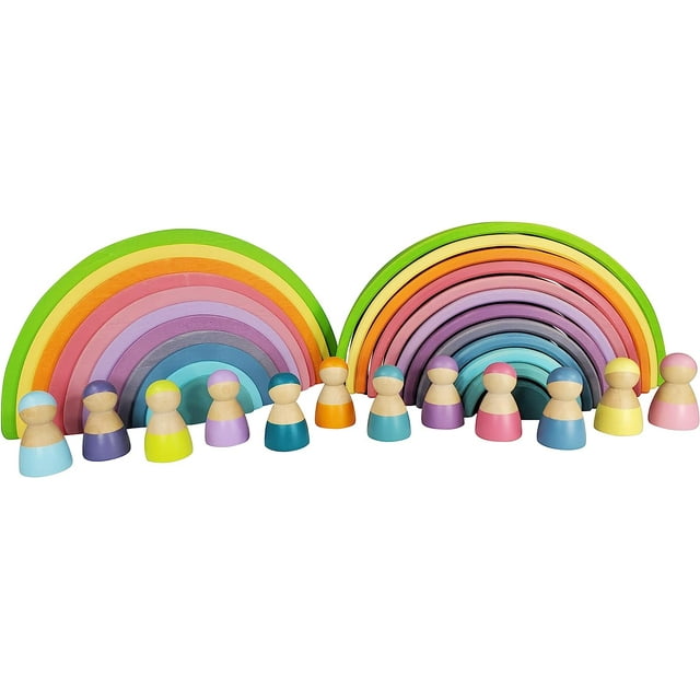 TEKOR 35 Pcs Wooden Rainbow Stacking Toy Set, Montessori Building ...