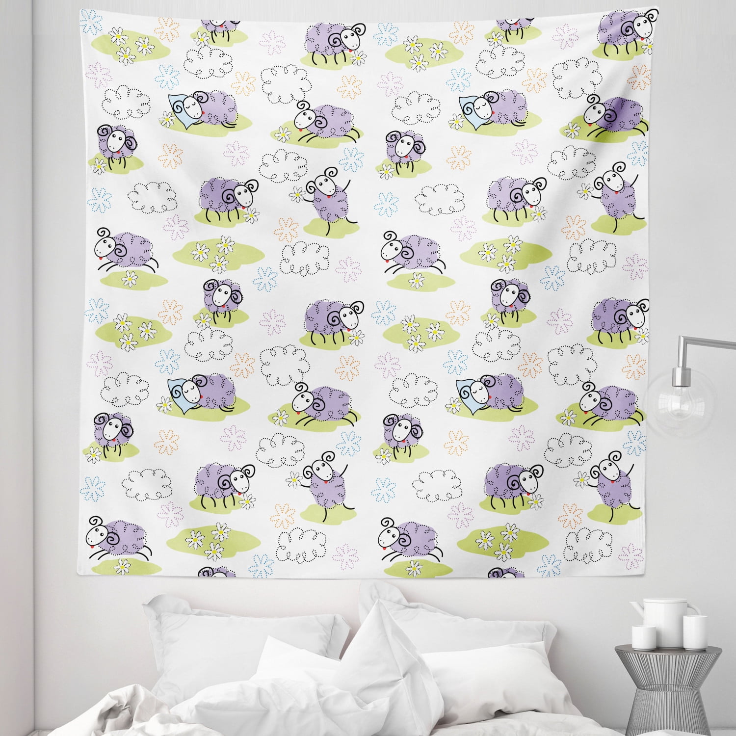 Cartoon Tapestry, Sheep with Clouds Constructed out of Dots Happy ...