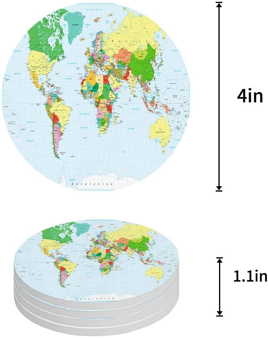 ZHANZZK World Map Set of 6 Round Coaster for Drinks, Absorbent Ceramic ...