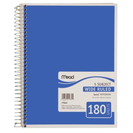 Mead Spiral Notebook, 5 Subject, Wide Ruled Paper, 180 Sheets, 10-1/2 ...