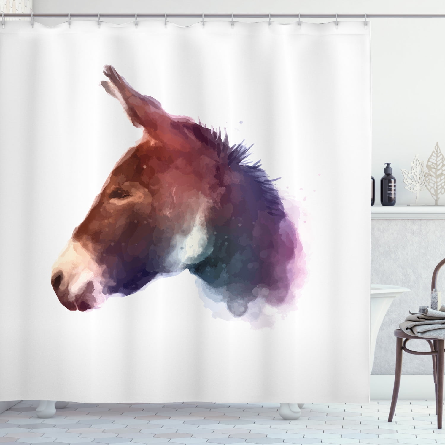 Ambesonne Donkey Shower Curtain, Watercolor Portrait, 69"Wx75"L ...