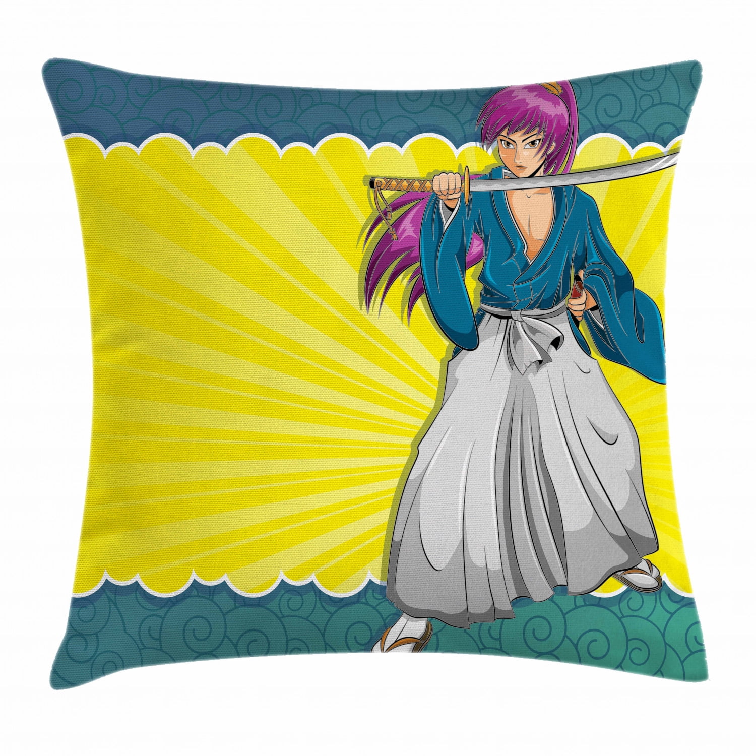Anime Throw Pillow Cushion Cover, Manga Style Girl Samurai Warrior ...