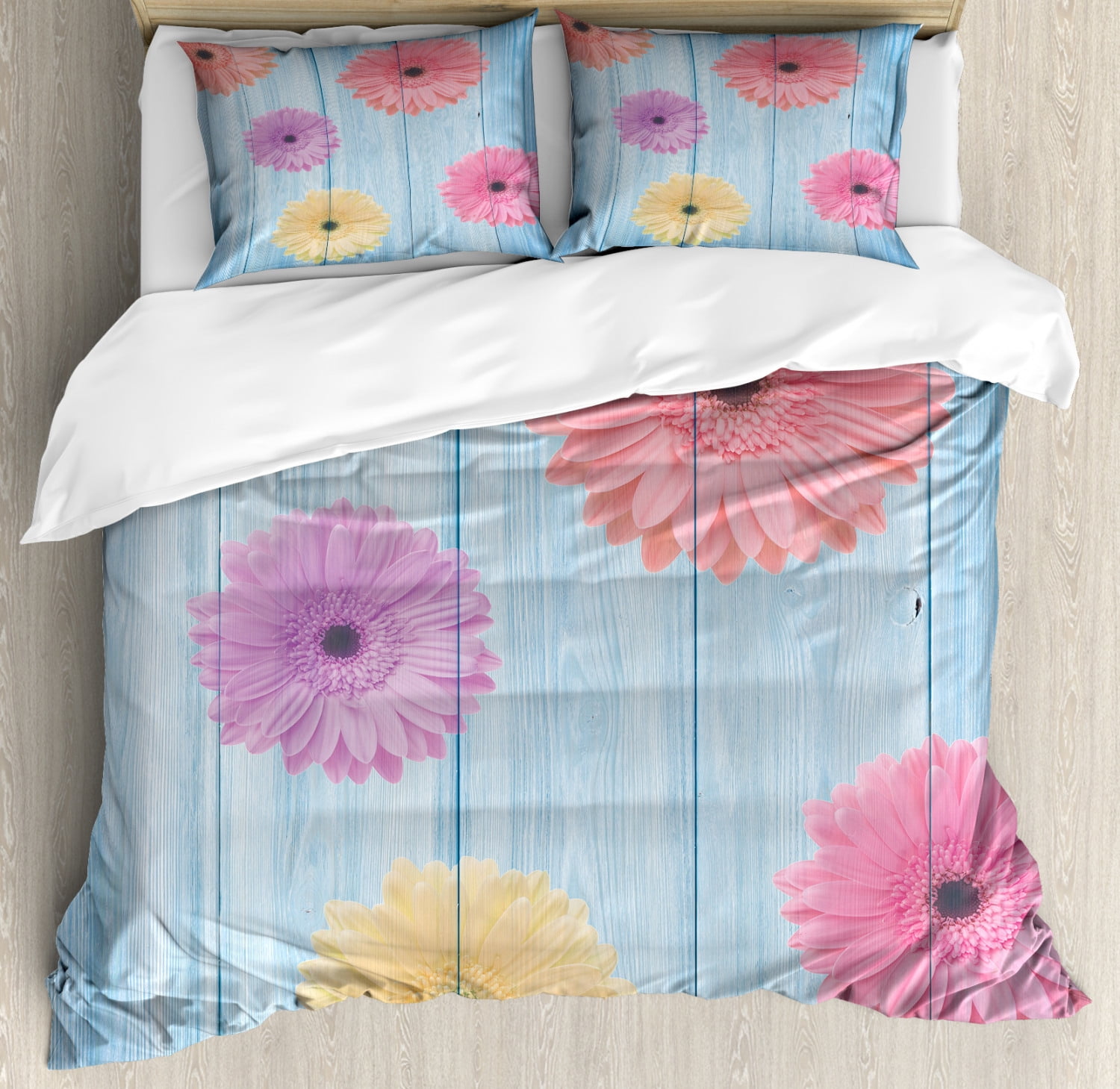 Rustic Duvet Cover Set Queen Size, Calendula Florets Plants Wooden ...