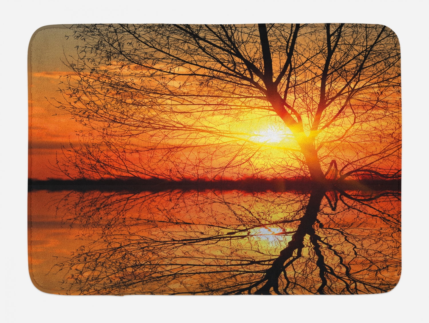 Autumn Bath Mat, Leafless Tree in Fall on Sunset Backdrop Horizon with ...