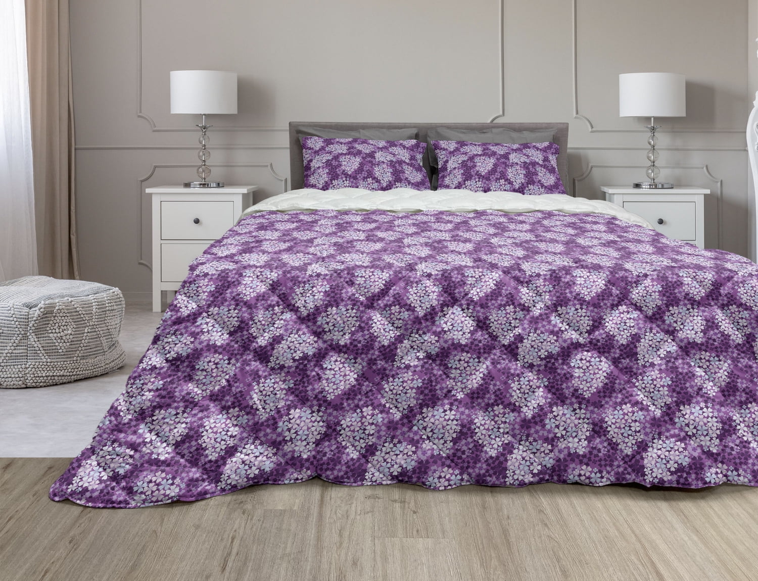 Flower Comforter & Sham Bedding Set, Lilacs Illustration Greenery Field ...