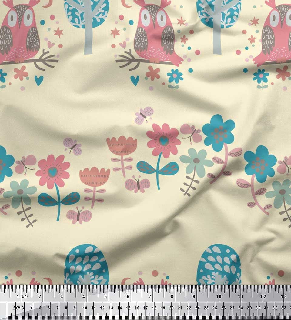 Soimoi Poly Crepe Fabric Floral,Tree & Owl Kids Print Fabric by The ...
