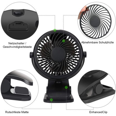 Mini USB Fan, Portable Clip Desk Fan with 1600mAh Rechargeable Battery ...
