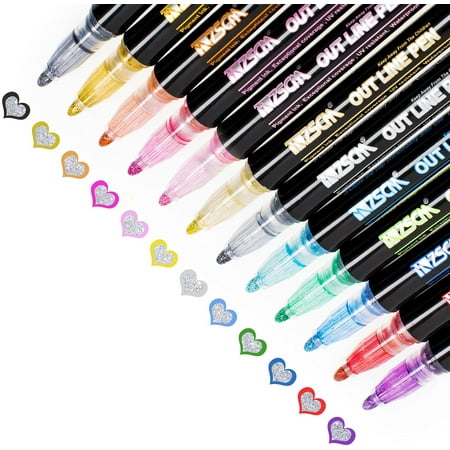 Double Line Outline Pens, 12 Colors Self-Outline Metallic Markers ...