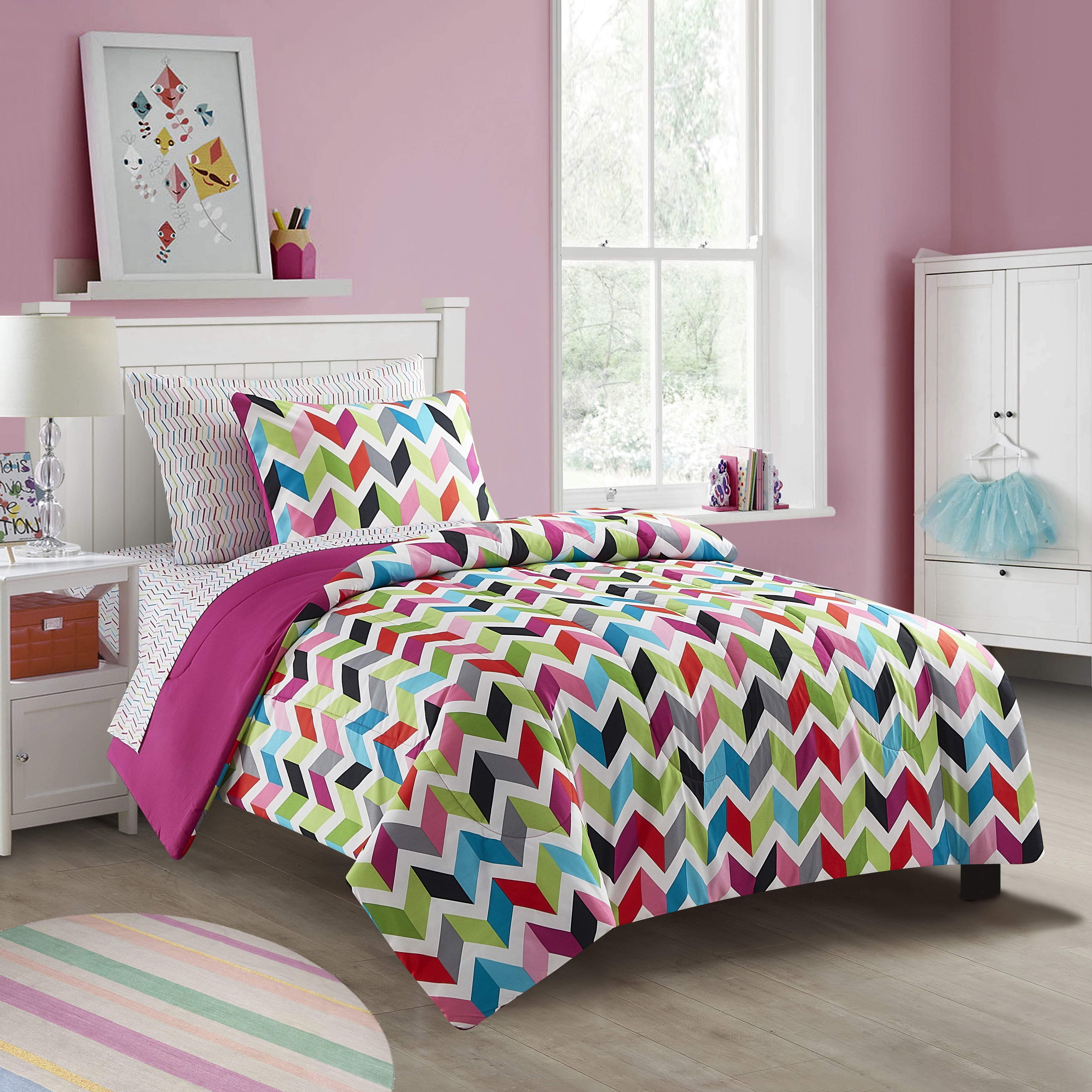 Your Zone Kids 5 Piece Bright Chevron Reversible Comforter Set, Twin ...
