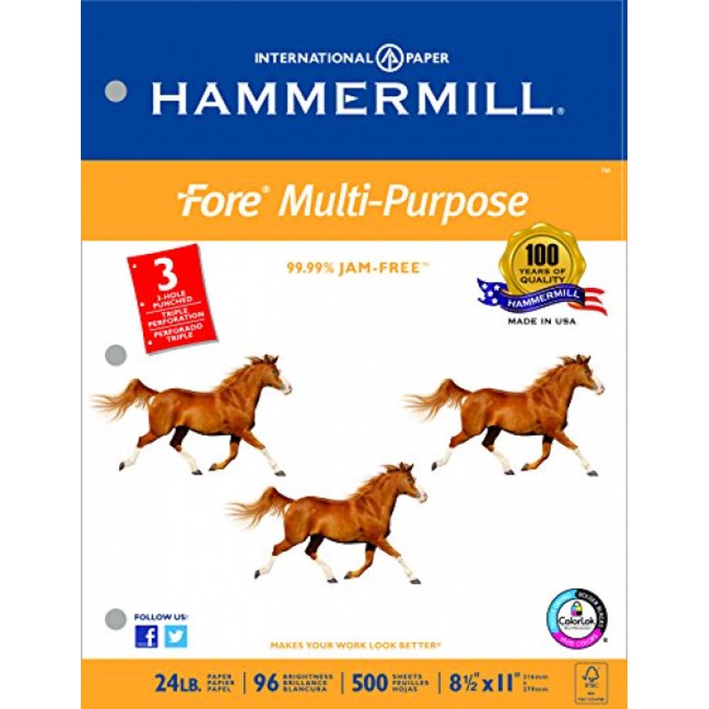 Hammermill Paper, Fore MP Paper, 24lb, 8.5 x 11, Letter, 3 Hole Punched ...
