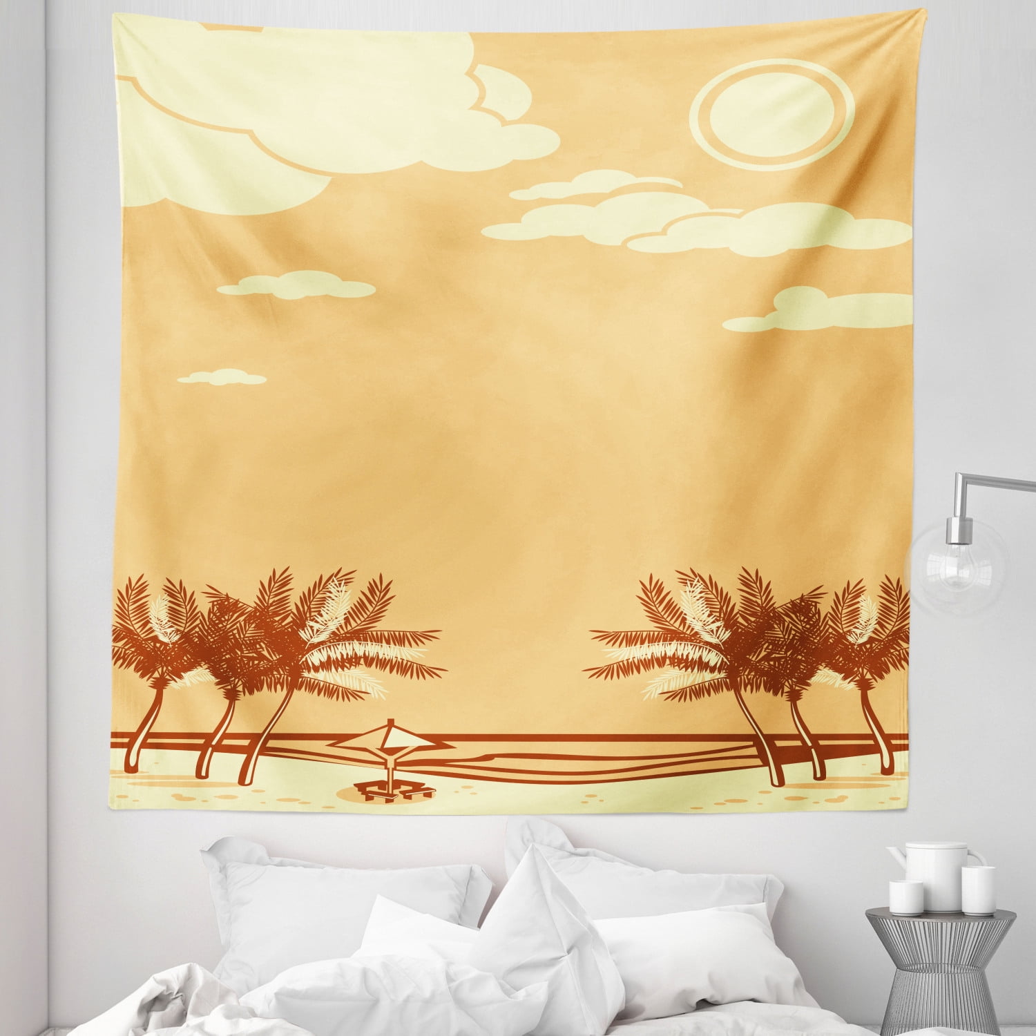 Tropical Tapestry, Seaside Illustration with Palm Tree Silhouettes in ...