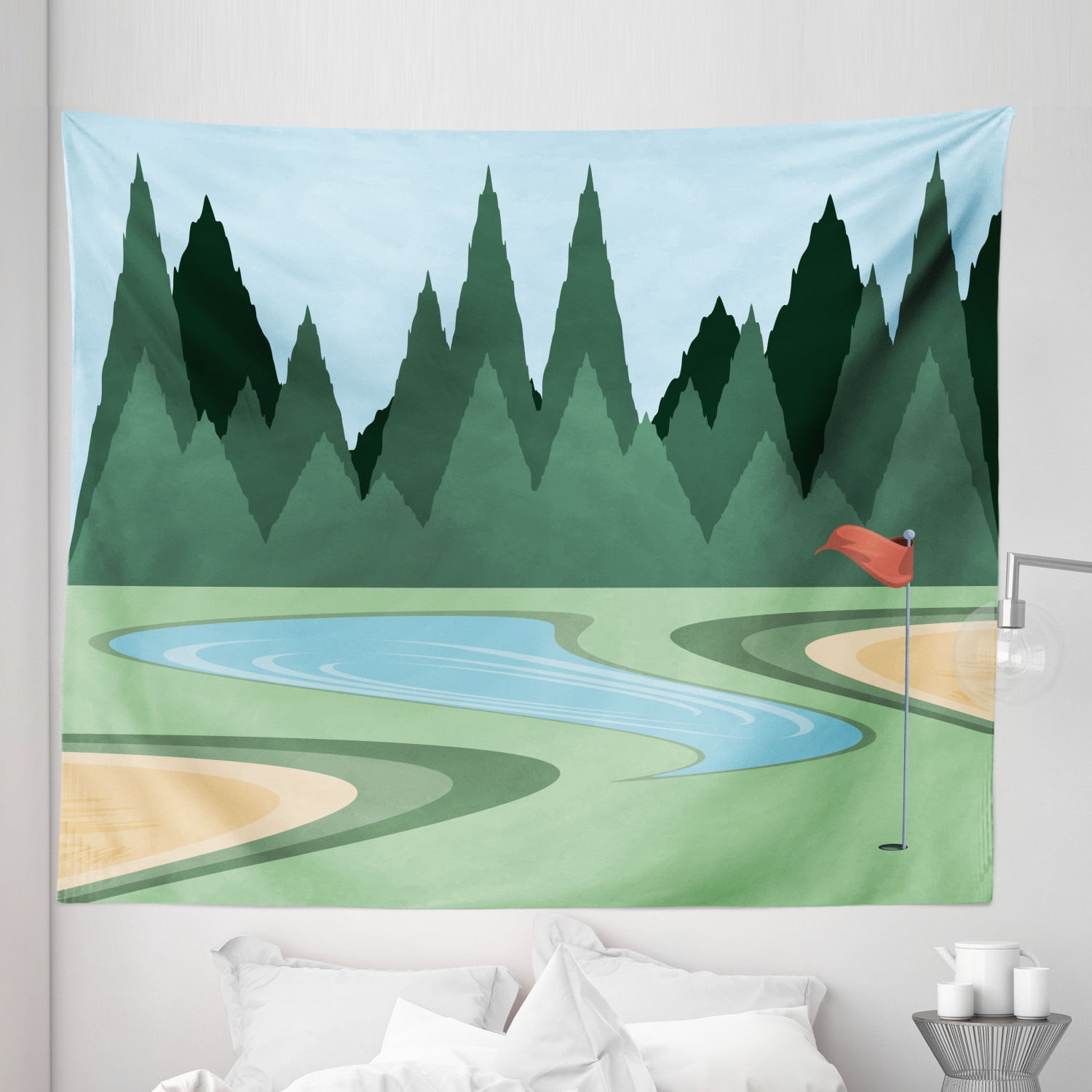 Golf Course Scene Tapestry, Sportive Activity Field with Forest Pond ...