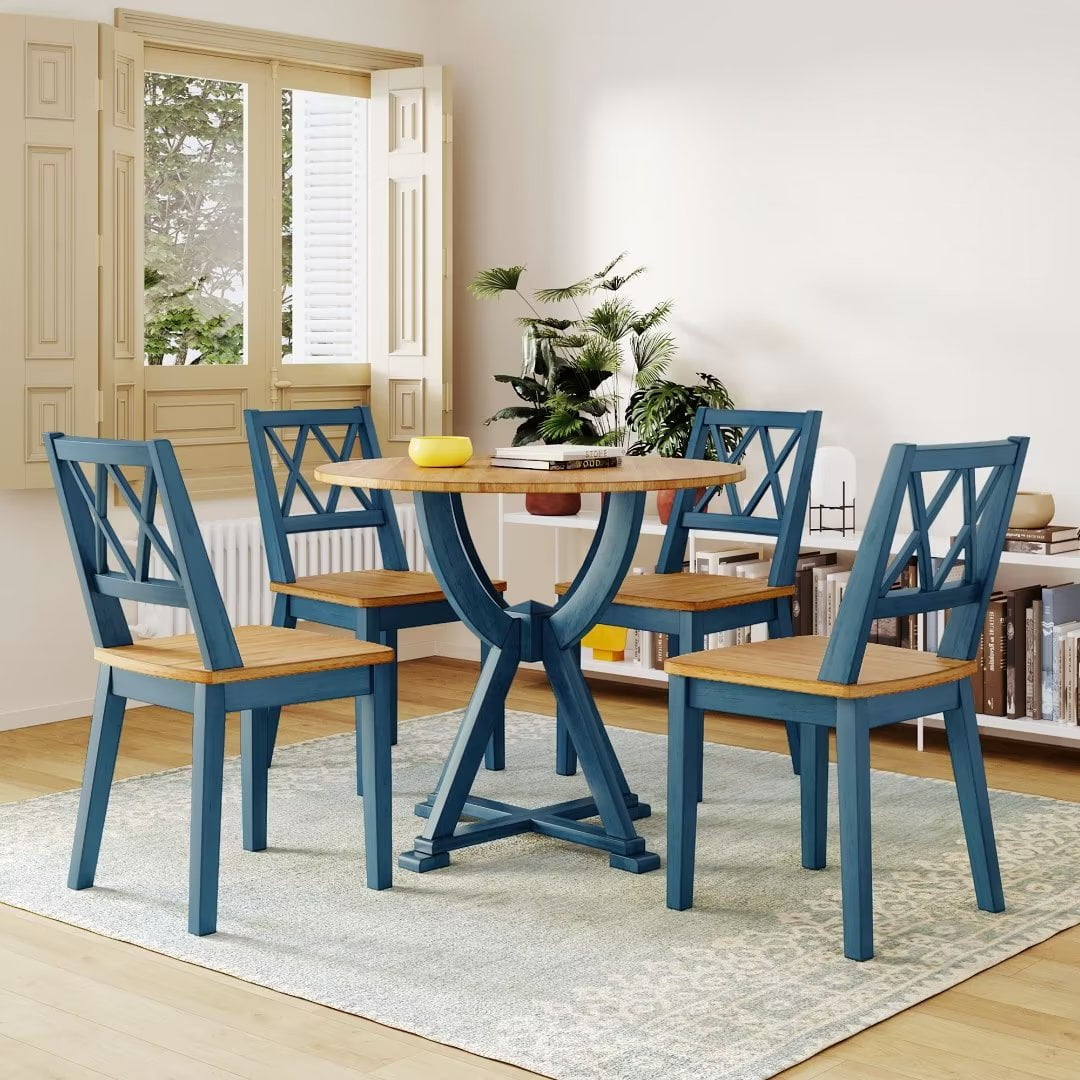 5-Piece Round Dining Table Set,Kitchen Table Set with Trestle Legs and ...
