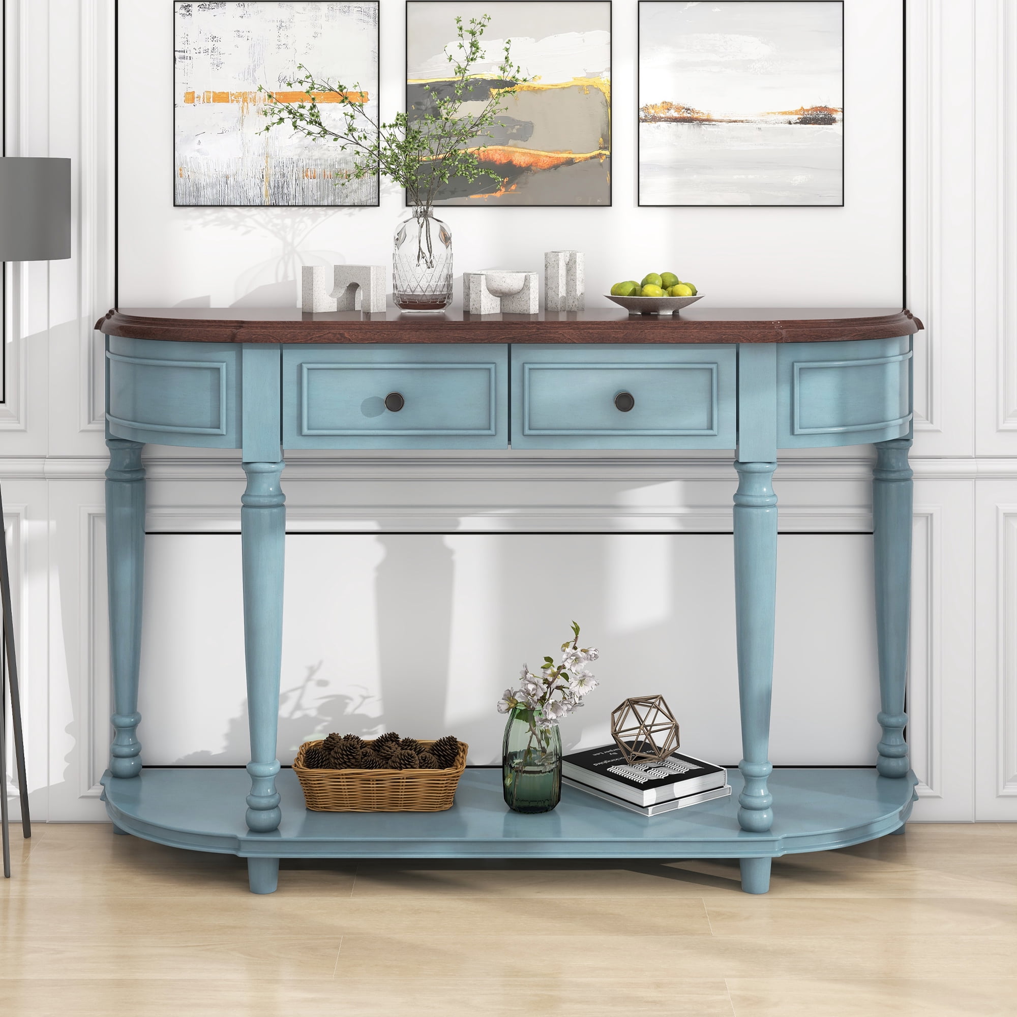Retro Circular Curved Console Table, 52'' Solid Wood Table Slim Sofa ...
