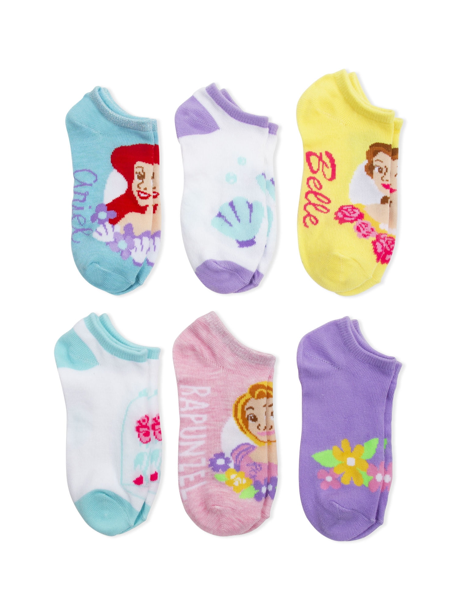 Disney Princess Girls Socks, 6 Pack No Show Belle, Ariel, Rapunzel ...