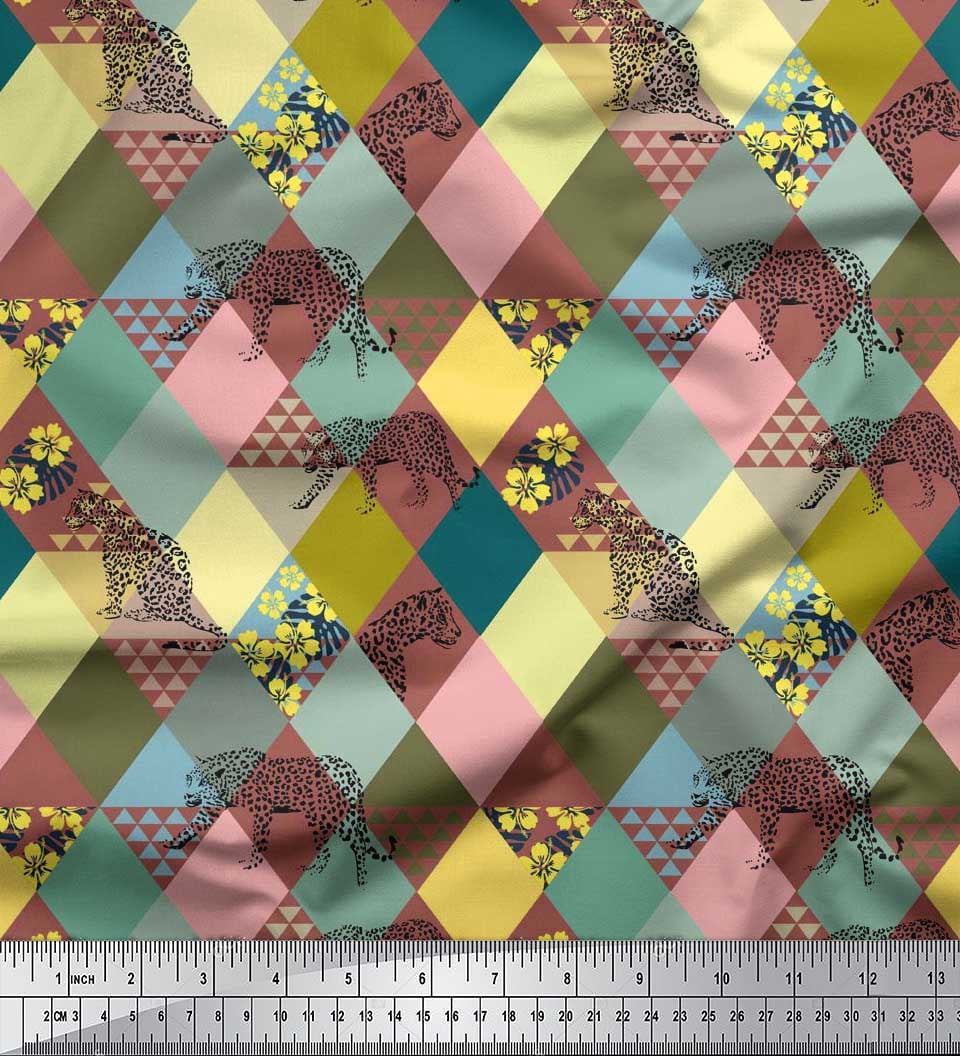 Soimoi Satin Silk Fabric Leopard & Argyle Patchwork Print Fabric by The ...