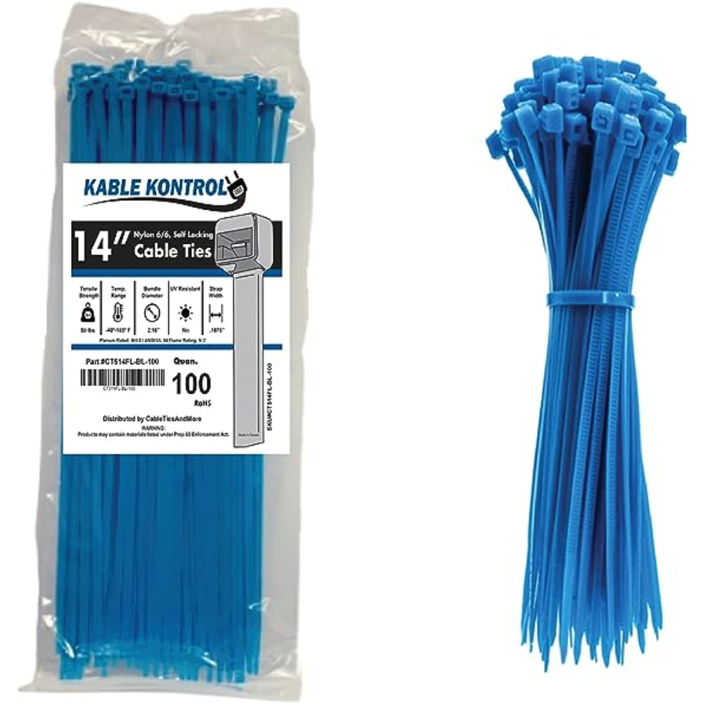 Kable Kontrol Zip Ties - 14" Long - 100 Pc Pk - Fluorescent Blue color - Nylon - 50 Lbs Tensile ...