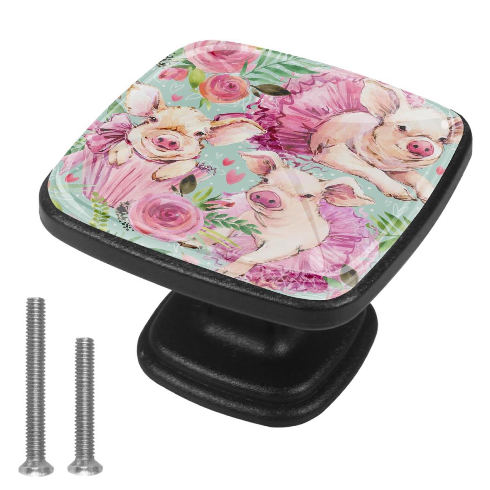4 Pcs Cabinet Handle Drawer Pulls Flower and Pink Pig Knobs with Screws ...