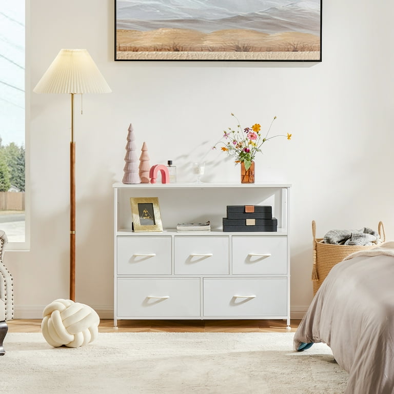 EDX Dresser TV Stand Entertainment Center with 5 Fabric Drawers Media Console Table with Open Shelves for TV up to 45 inch for Bedroom Living Room