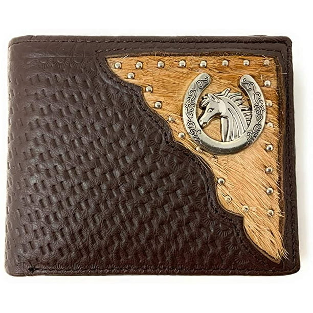 Premium Genuine Leather Basketweave Cowhide Cow Fur Men's Short Bifold ...