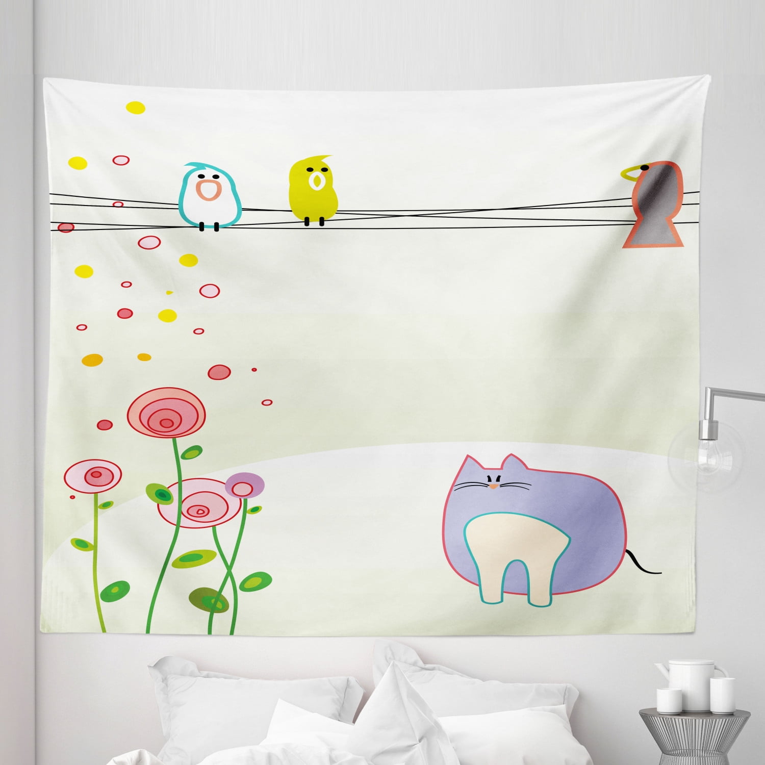 Cartoon Tapestry, Drawing Style Bird and Cat with Flourishing Spring ...