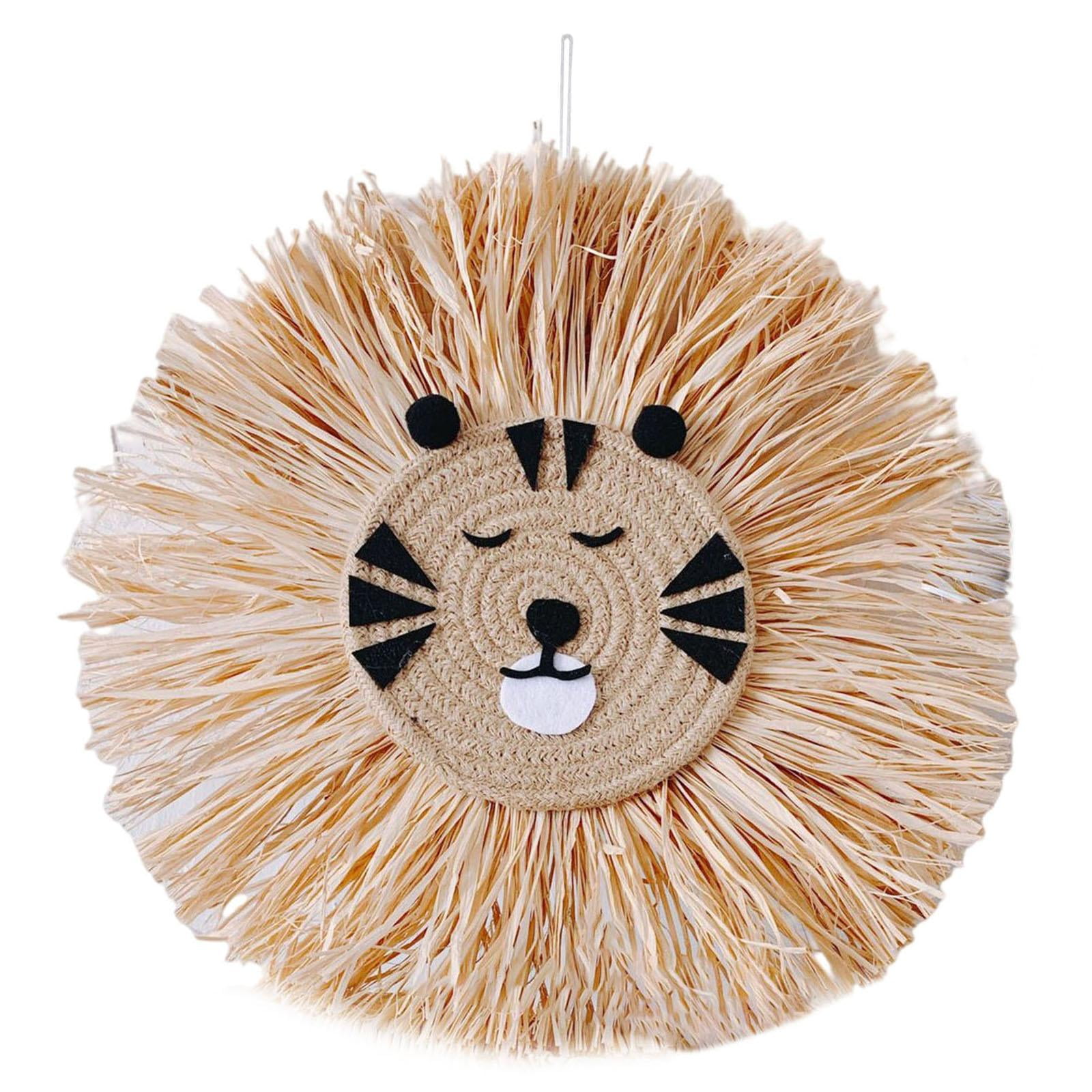 Round Straw Wall Hanging Woven Tapestry Rattan Pendant Hand-Made Lion ...