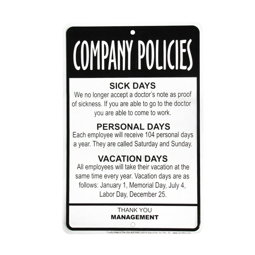 Management Employees Company Policies Sign Funny Work Break Room Office ...